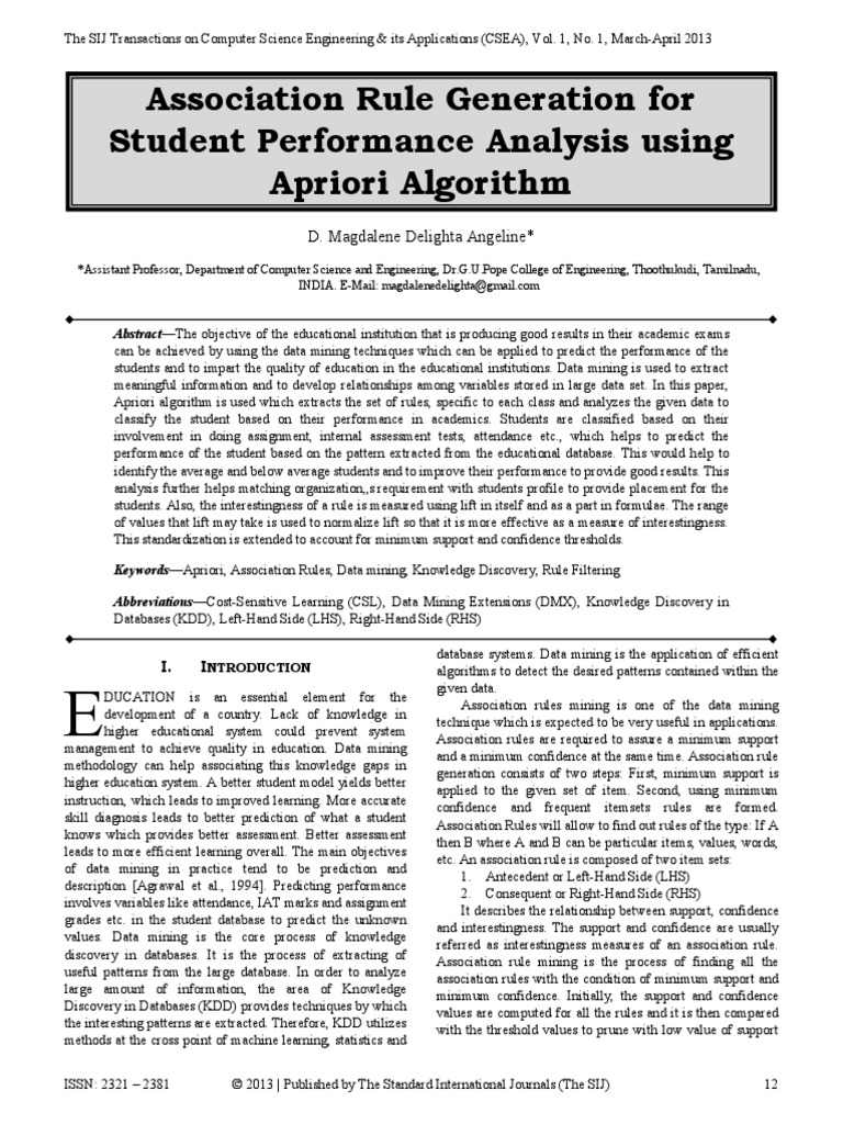 Association Rule Generation For Student Performance Analysis Using Apriori Algorithm | PDF ...