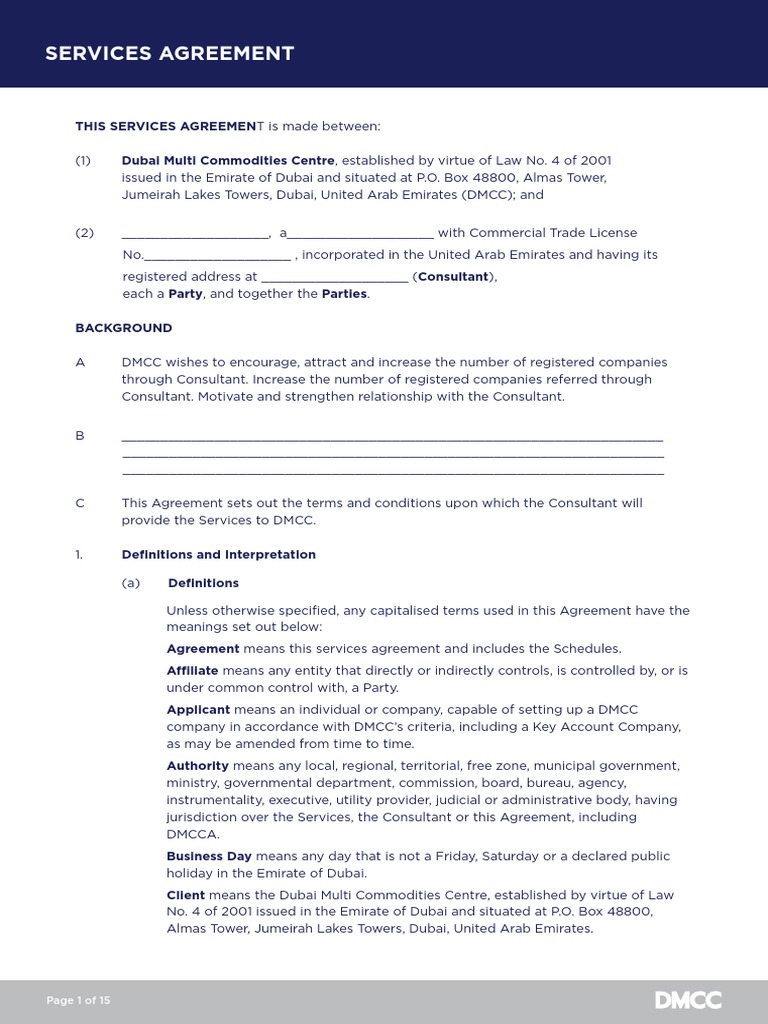 DMCC Services Agreement | PDF | Indemnity | Breach Of Contract
