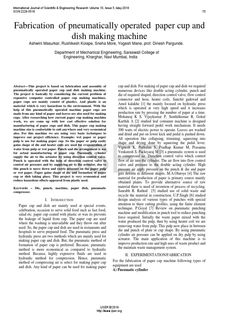 Ijser: Fabrication of Pneumatically Operated Paper Cup and Dish Making ...