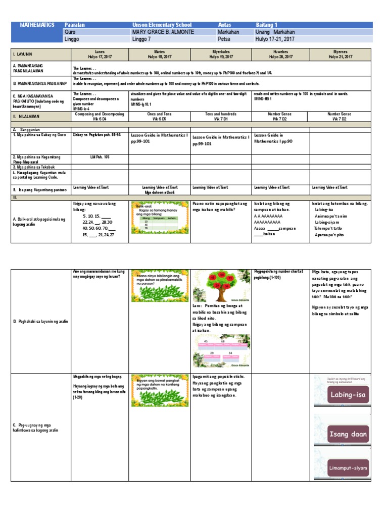 Grade 1 DLL q1 w7 MATH | PDF