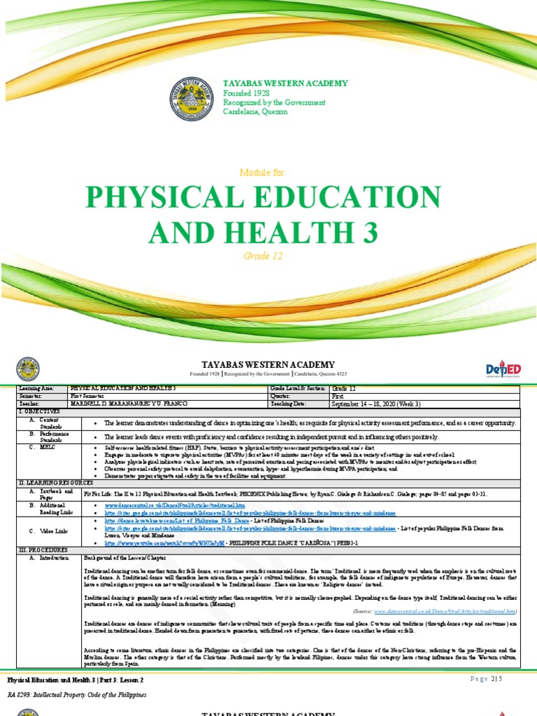 Physical Education and Health 3: Module For | PDF | Folk Music | Dances