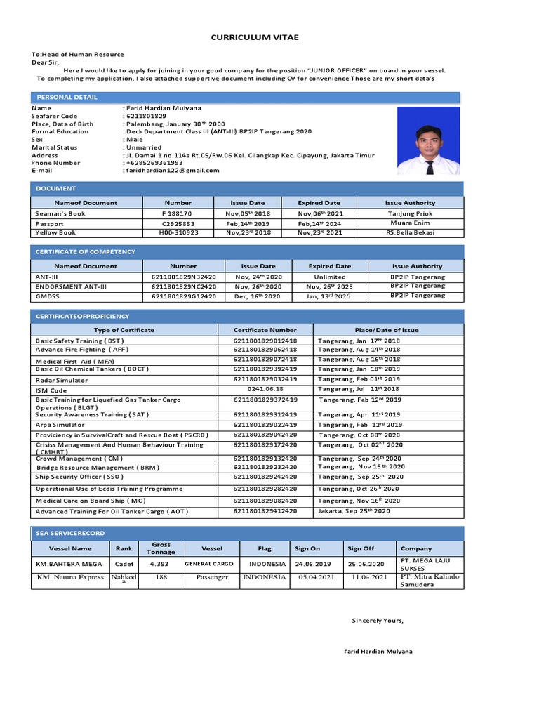 A Seafarer's Curriculum Vitae and Qualifications for a Junior Officer ...