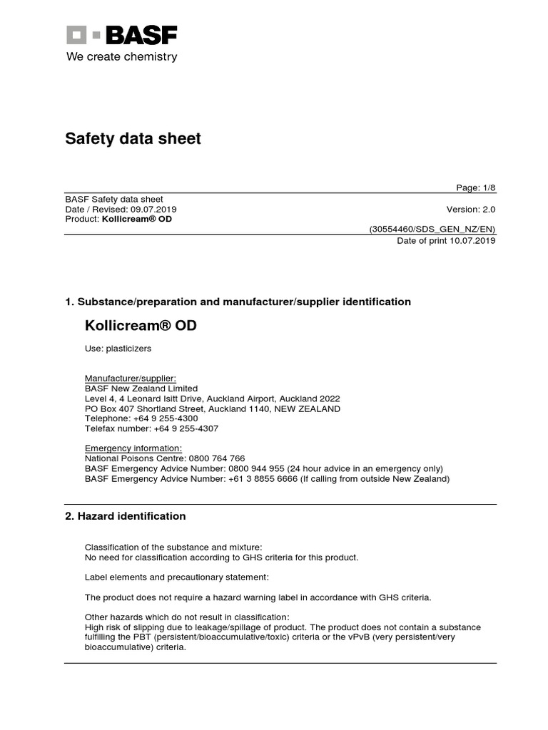 Safety Data Sheet: Kollicream® OD | PDF | Toxicity | Firefighting