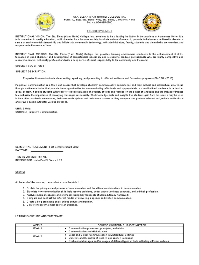 Purposive Communication Course Syllabus | PDF | Modularity | Microsoft ...