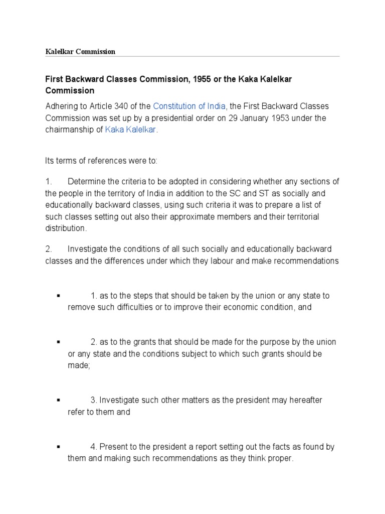 First Backward Classes Commission, 1955 or The Kaka Kalelkar Commission | PDF | Caste