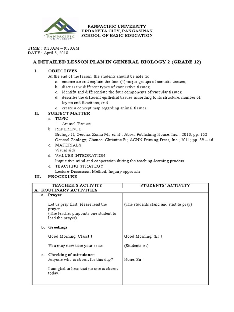 A Detailed Lesson Plan on the Four Major Groups of Somatic Tissues ...