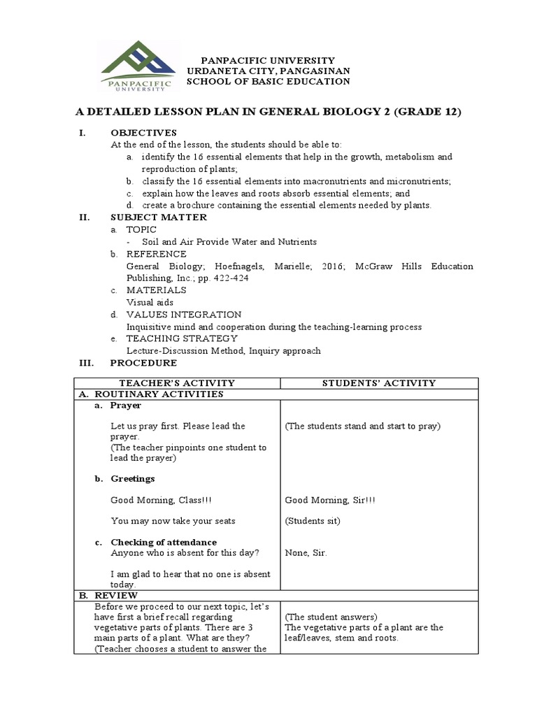 Lesson Plan (Plant Forms and Function) | PDF | Nutrients | Biochemistry