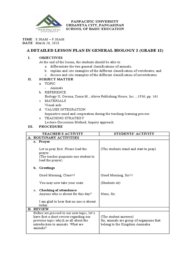 A Detailed Lesson Plan in General Biology 2 (Grade 12) | PDF | Fish ...