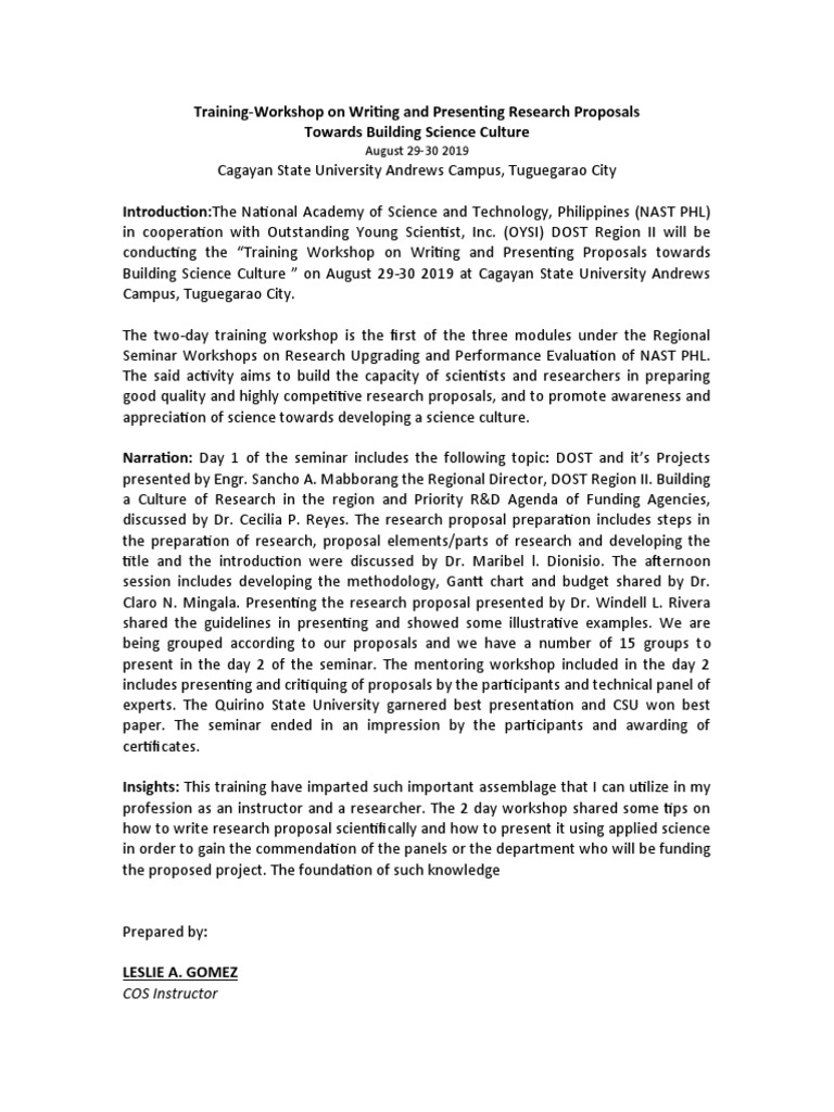 Narrative Report - Training Workshop Research Proposal | PDF | Science ...