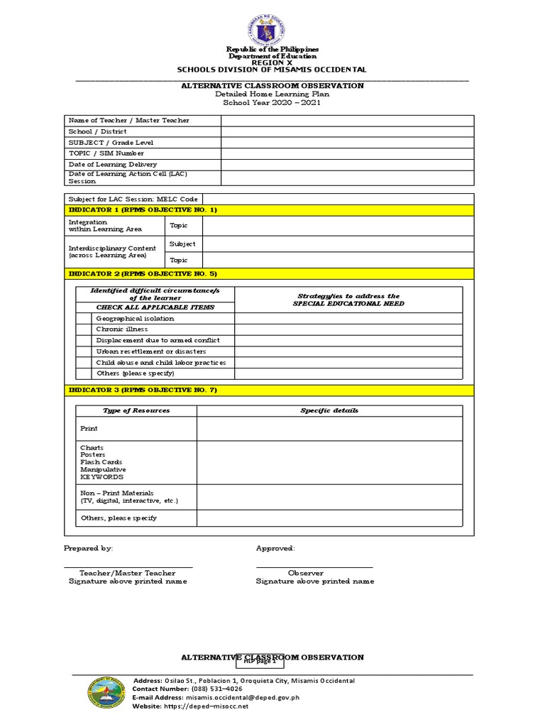 Detailed Home Learning Plan School Year 2020 - 2021: Indicator 1 (Rpms ...