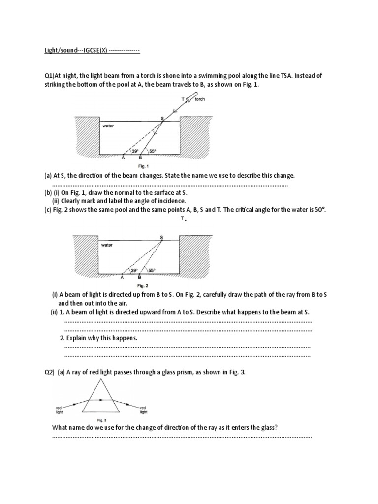 Light Worksheet IGCSE Physics | PDF | Mirror | Refraction