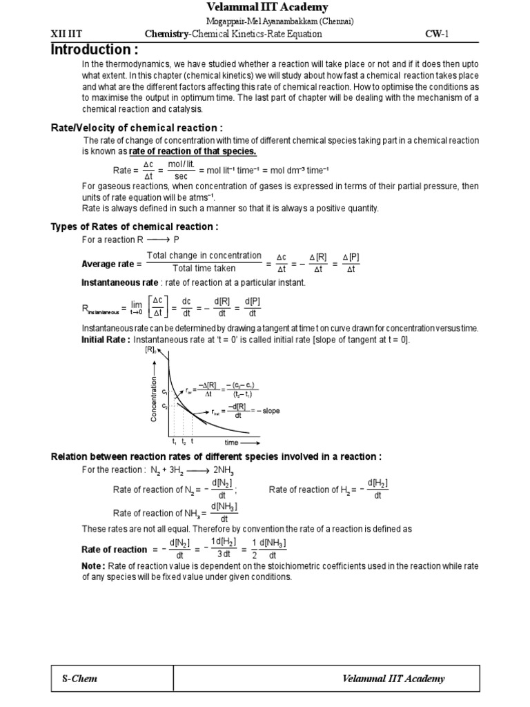 Xii Iit Chemistry-Chemical Kinetics-Rate Equation CW-1: Types of Rates ...
