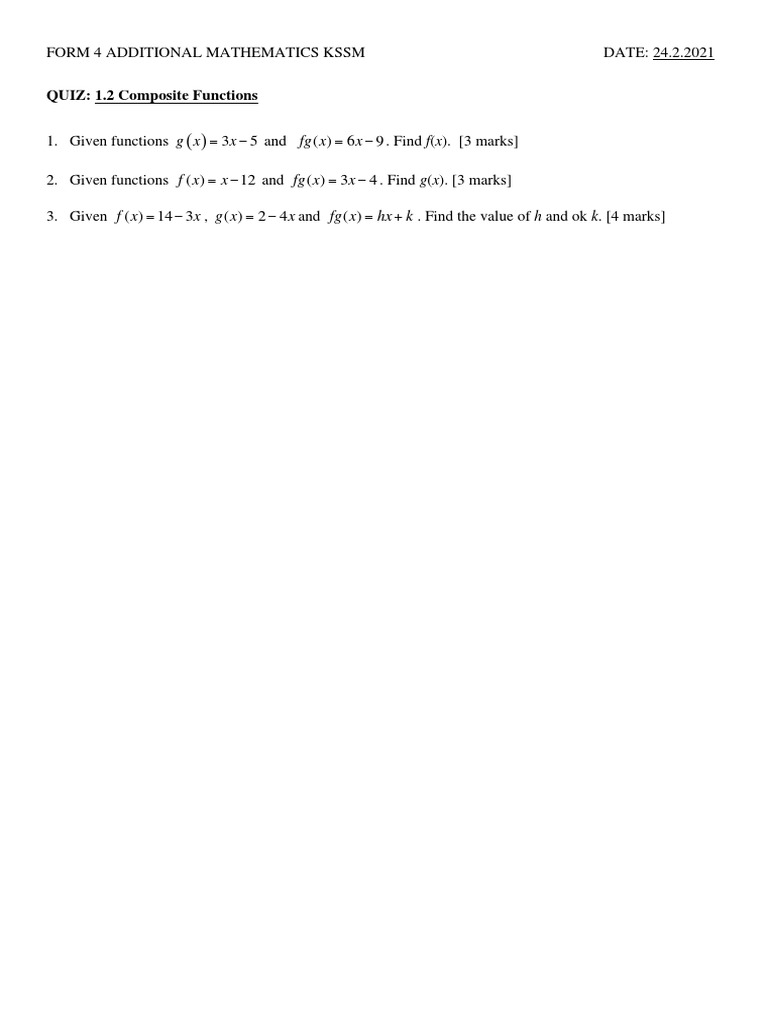 Advanced Math Quiz: Composite Functions | PDF | Teaching Methods & Materials | Science & Mathematics