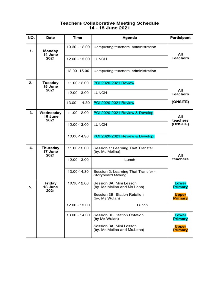 Teachers Collaborative Meeting Schedule | PDF