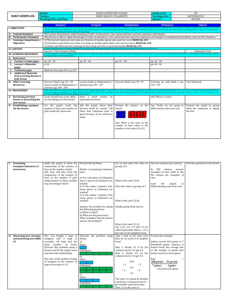 DLL Math 6 Week 1 q2 Edited | PDF | Ratio | Teachers