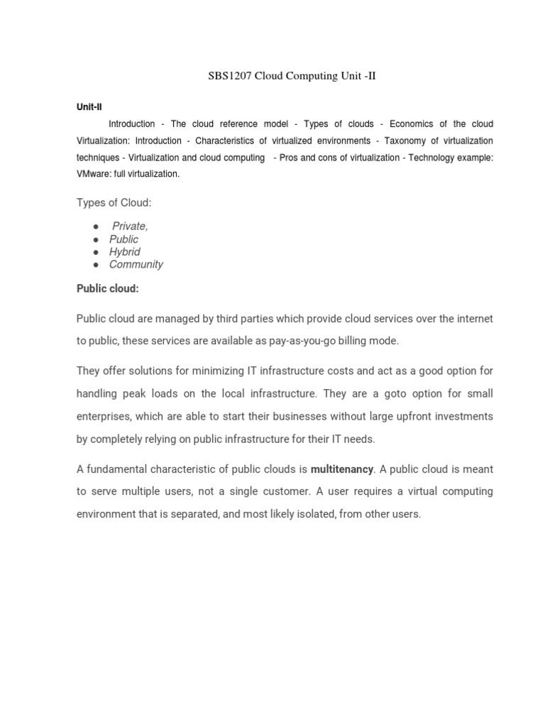 SBS1207 - Cloud Computing - Unit II | PDF | Virtualization | Cloud Computing