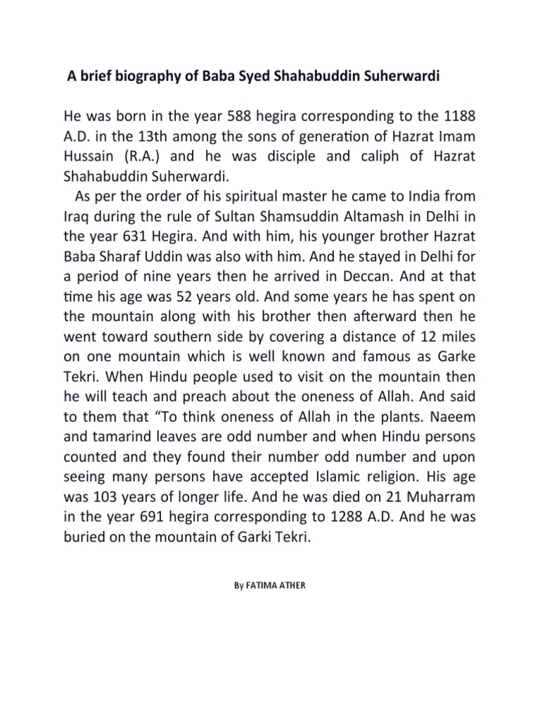 Biography of Baba Syed Shahabuddin Suherwardi | PDF