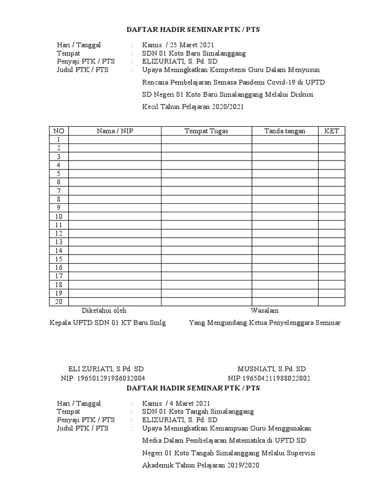 Daftar Hadir Seminar PTK | PDF