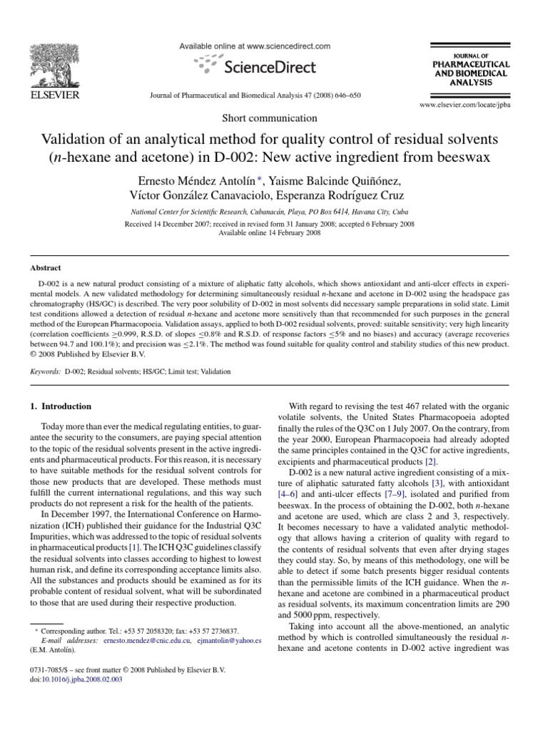 Validation of An Analytical Method For Quality Control of Residual ...