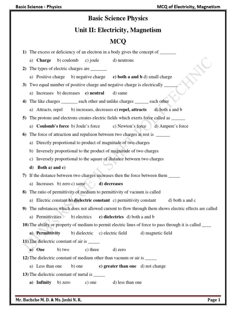 MCQs on Electricity and Magnetism | PDF | Electrical Resistivity And ...