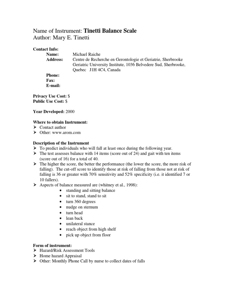 Tinetti Balance Scale Instrument | Download Free PDF | Geriatrics | Risk