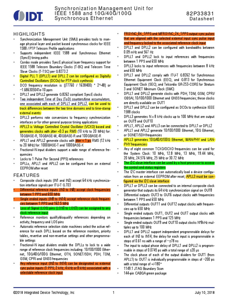 Idt 82P33831 DST 20180710 1 | PDF | Telecommunications Engineering ...