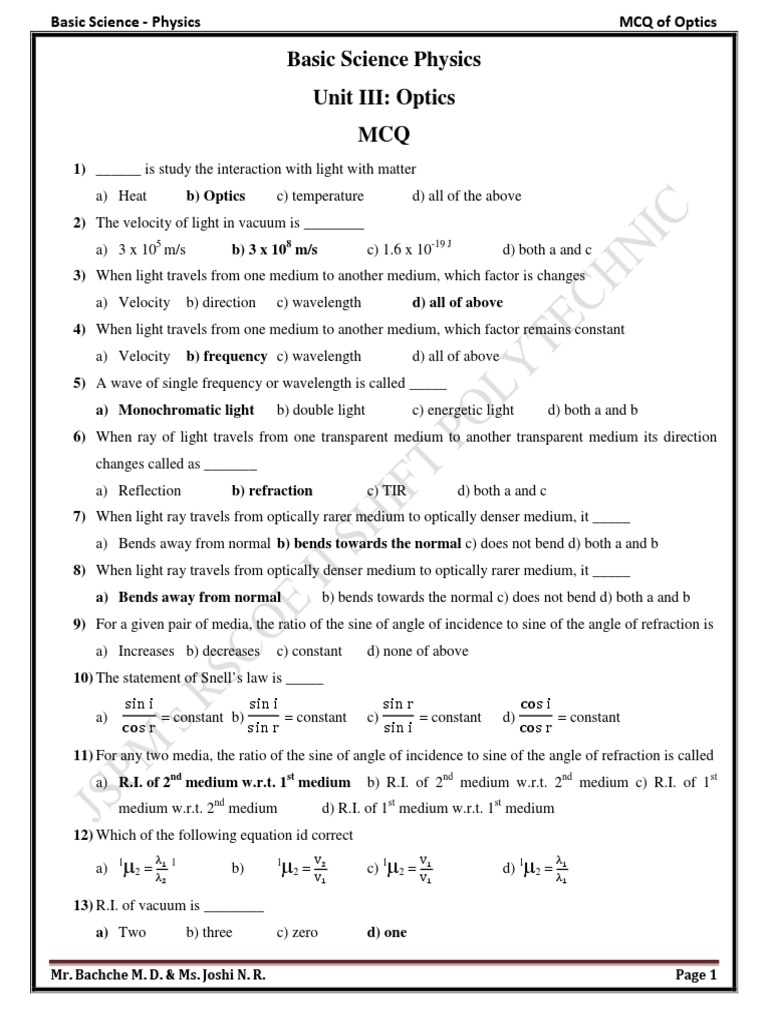 MCQs on Ray Optics for Class 12 | PDF | Refractive Index | Optical Fiber