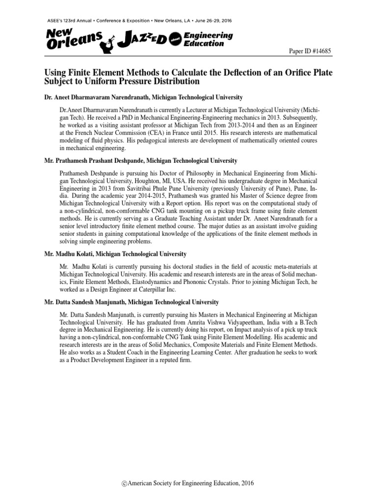 Using Finite Element Methods To Calculate The Deflection of An Orifice ... Using Finite Element Methods To Calculate The Deflection of An Orifice ...
