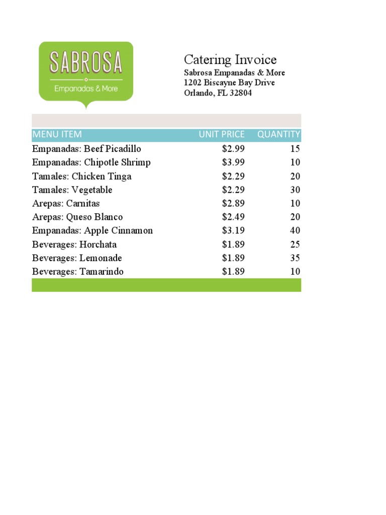 Catering Invoice: Menu Item Unit Price Quantity | PDF | Foods | Cuisine