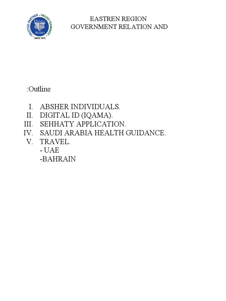 Outline: I. Absher Individuals. Ii. Digital Id (Iqama) - Iii. Sehhaty ...