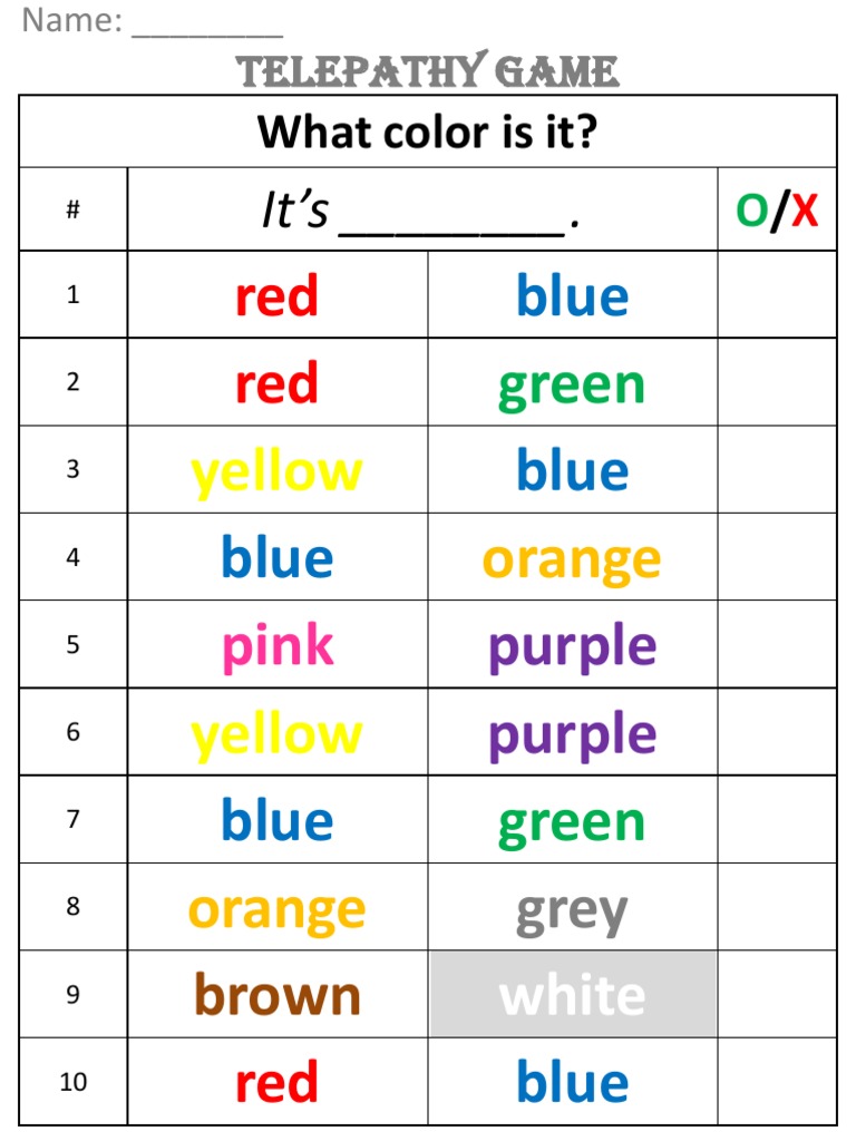 What Color Is It Telepathy Game Answer Sheet | PDF | Games & Activities