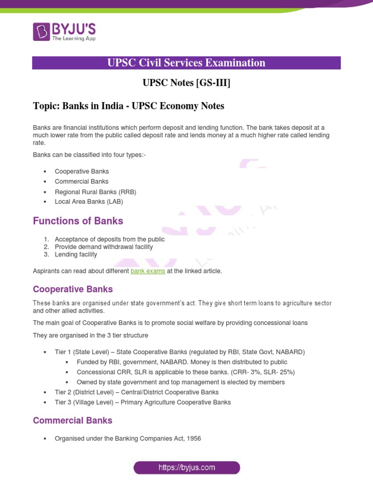 UPSC Civil Services Examination: UPSC Notes (GS-III) Topic: Banks in ...