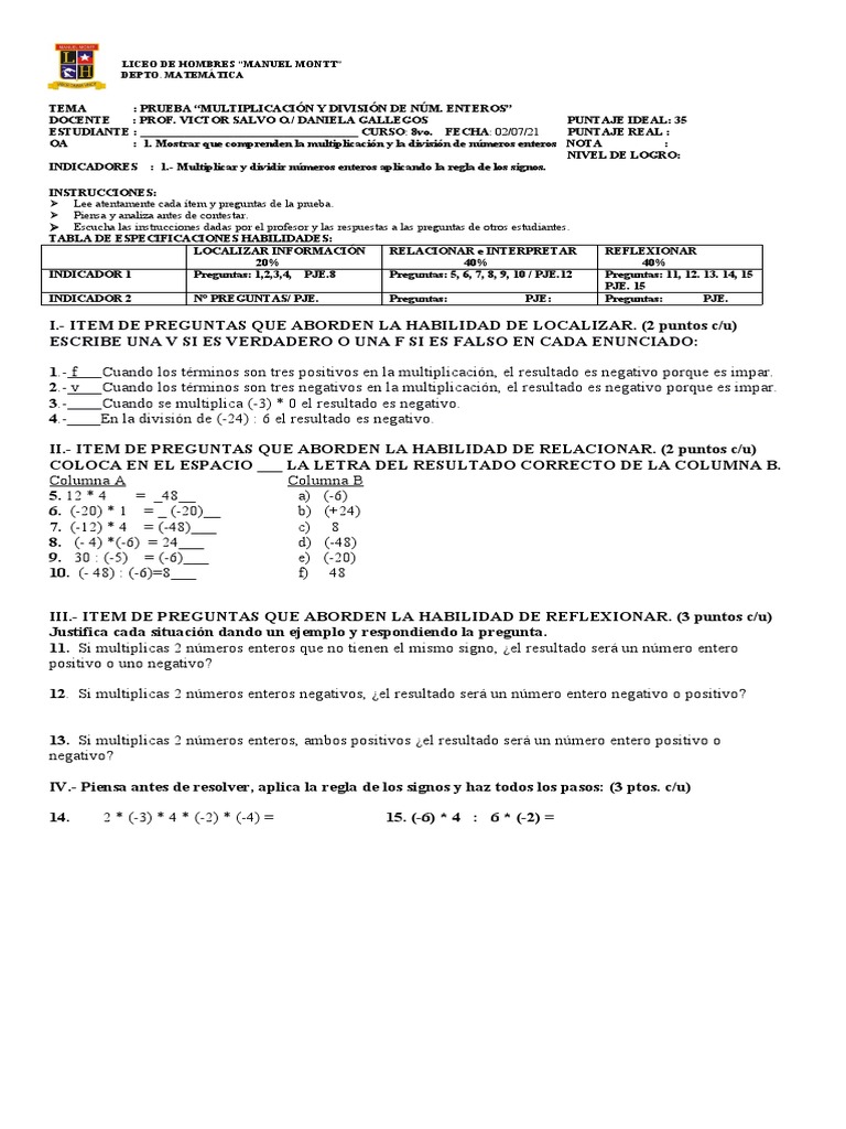 Prueba de Multiplicación y División Entera | PDF | Multiplicación | Entero