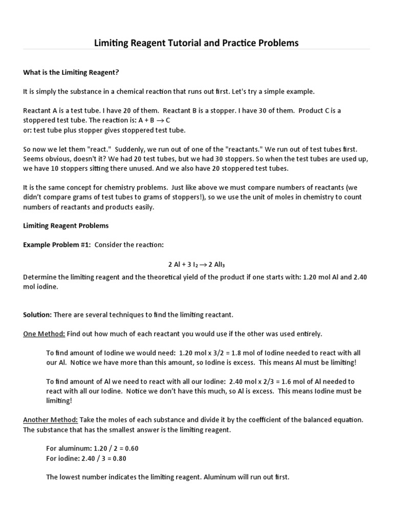 Limiting Reagent Tutorial and Practice Problems | PDF | Mole (Unit ...