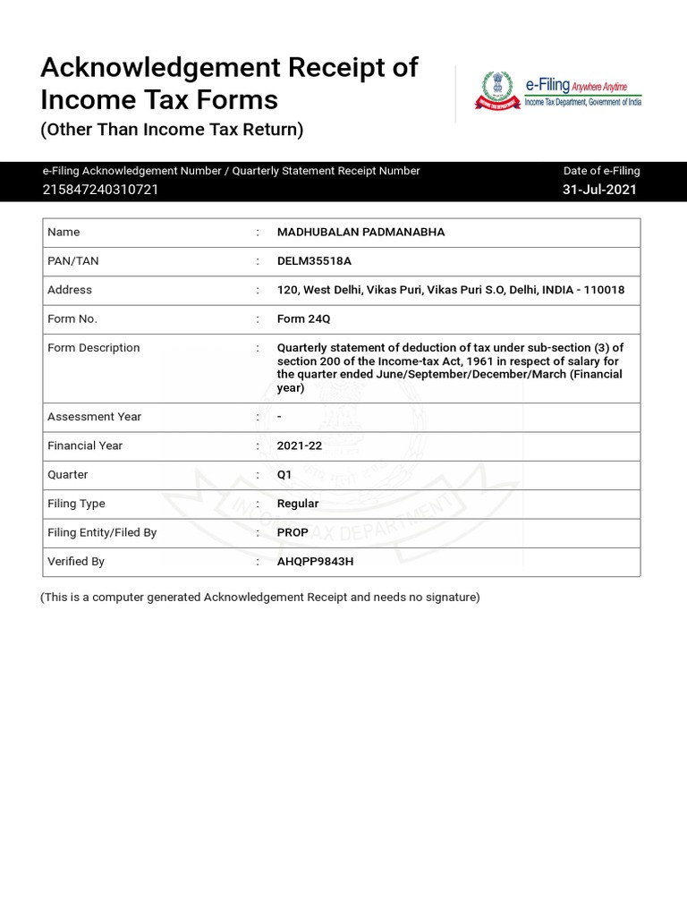 Acknowledgement Receipt of Income Tax Forms | PDF