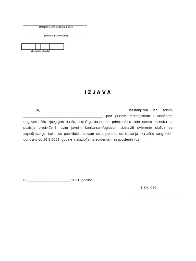 Primjer Izjave | PDF