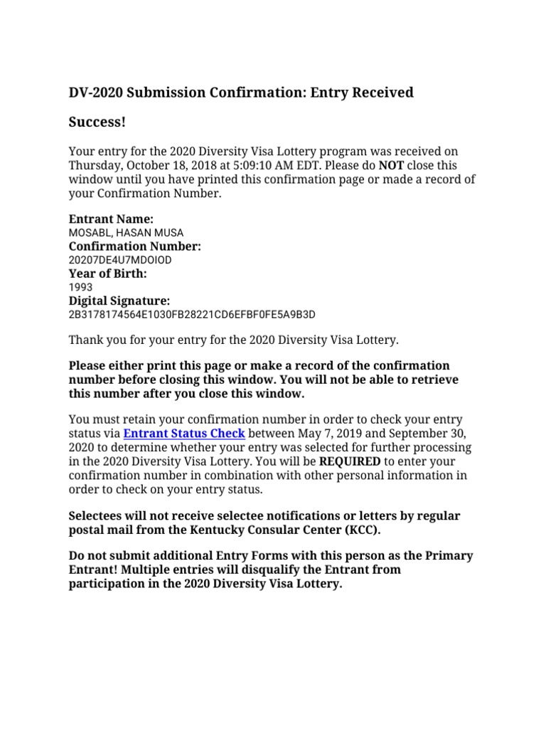 DV-2020 Submission Confirmation: Entry Received Success! | PDF