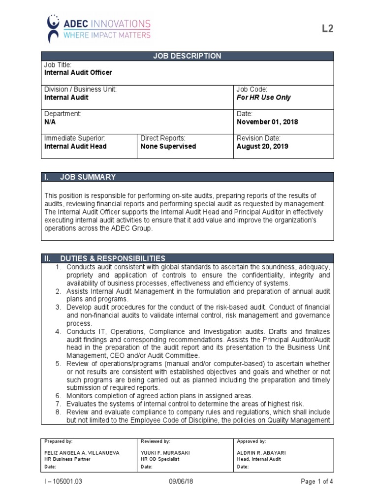 JD - Internal Audit Officer - August 2019 | PDF | Internal Audit | Audit