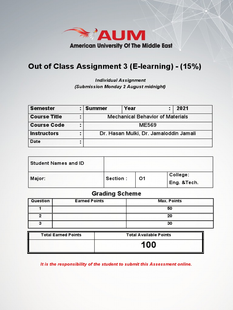 Out of Class Assignment 3 (E-Learning) - (15%) | PDF | Young's Modulus ...