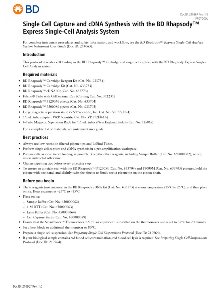 Single Cell Capture and CDNA Synthesis With The BD Rhapsody Express ...