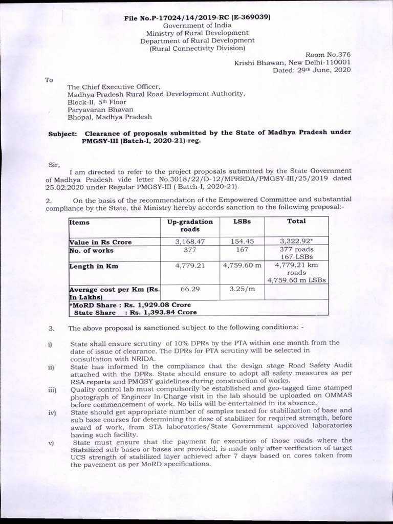 Madhya Pradesh (Pmgsy - Iii & Batch - 1 | PDF