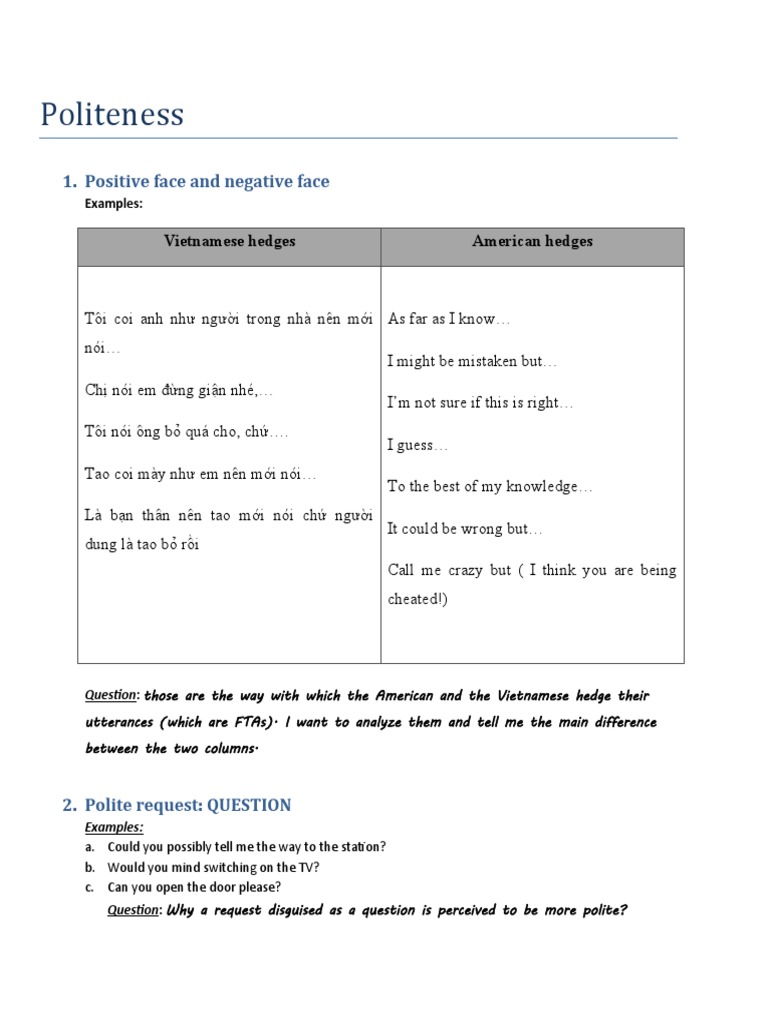 Politeness Positive Face and Negative Fa | PDF