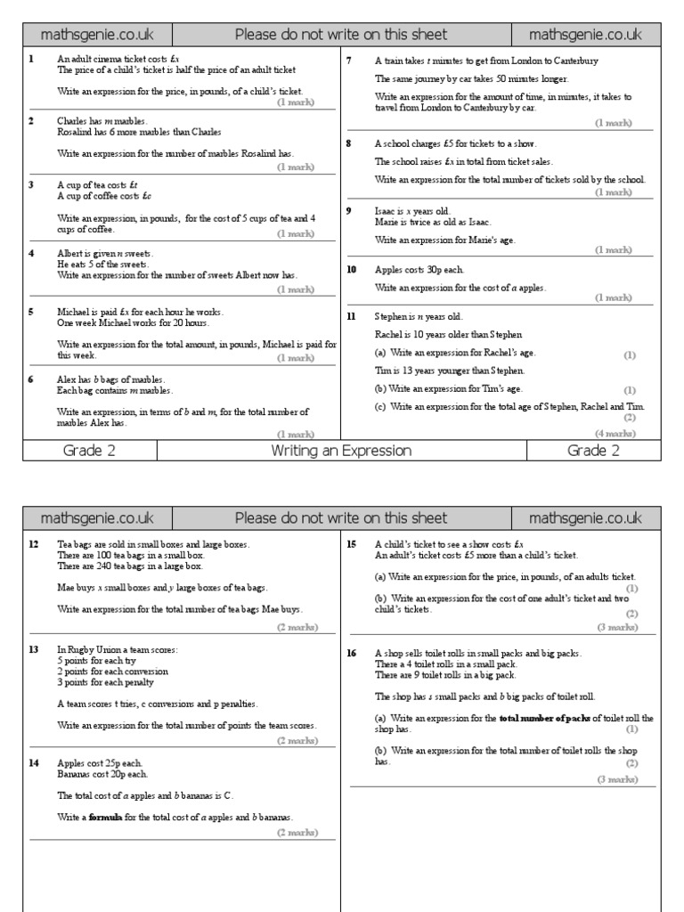 Mathsgenie - Co.uk Mathsgenie - Co.uk Please Do Not Write On This Sheet ...