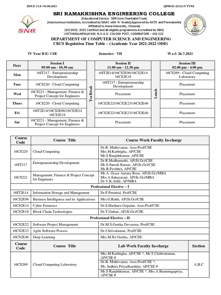 Time Table - IV CSE | PDF | Science And Technology | Computing