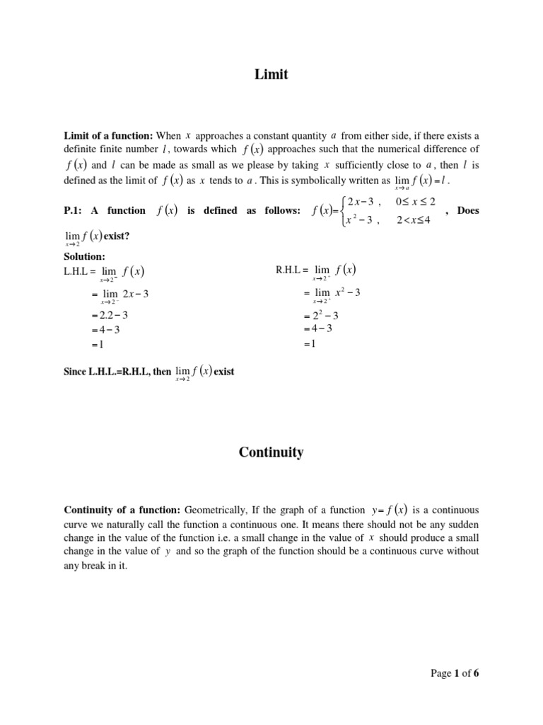 102 Calculus (Lecture Note) Limit and Continuity | PDF | Function (Mathematics) | Continuous ...