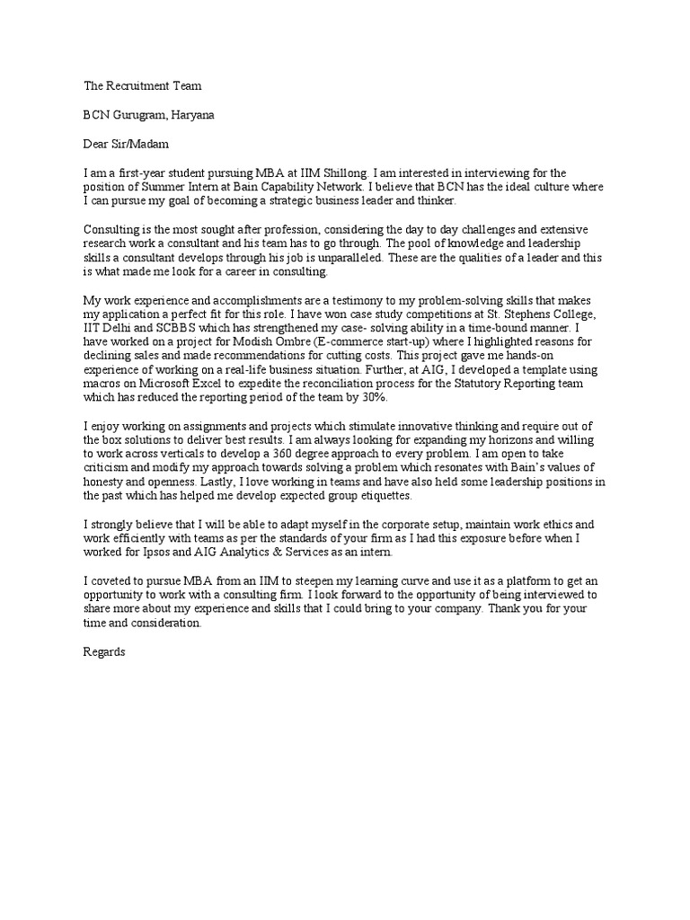 Bain & Company Cover Letter | PDF | Leadership | Applied Psychology