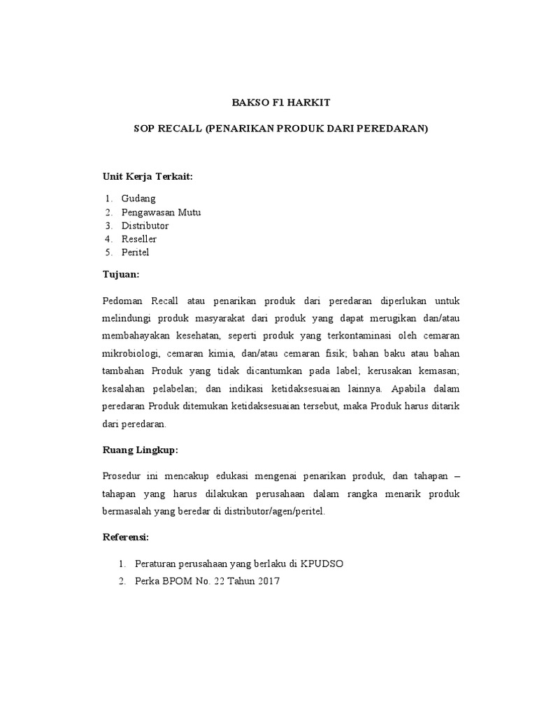 4 Sop Recall Penarikan Produk PDF Free | PDF