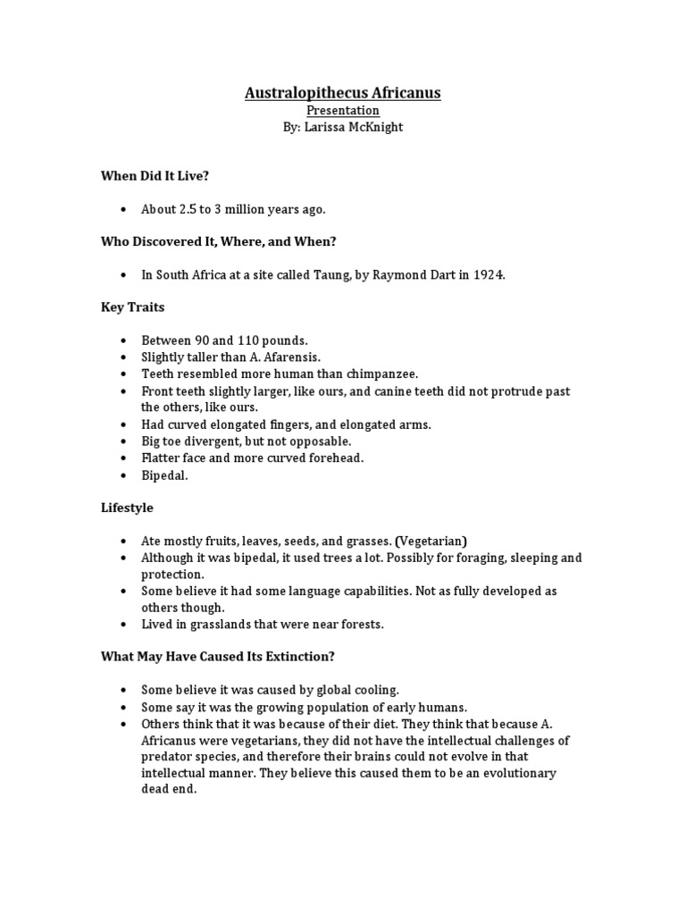 Australopithecus Africanus Handout | PDF | Biological Anthropology ...