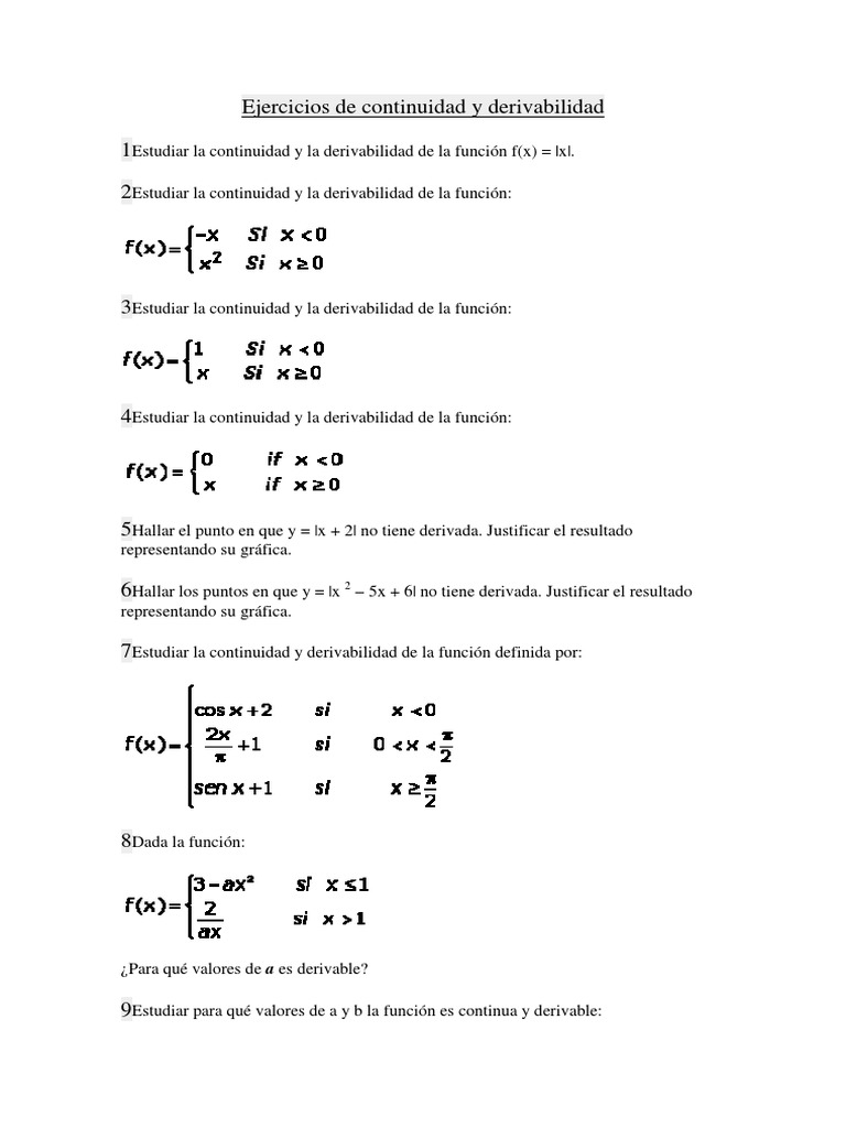 007 Ejercicios Continuidad y Derivabilidad | PDF | Métodos y materiales de enseñanza