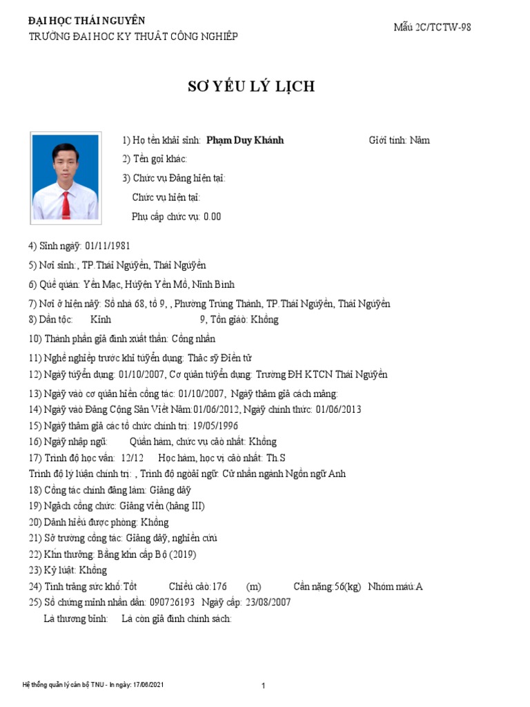 So Yeu Ly Lich 2021 - Mau 2C-TUD | PDF